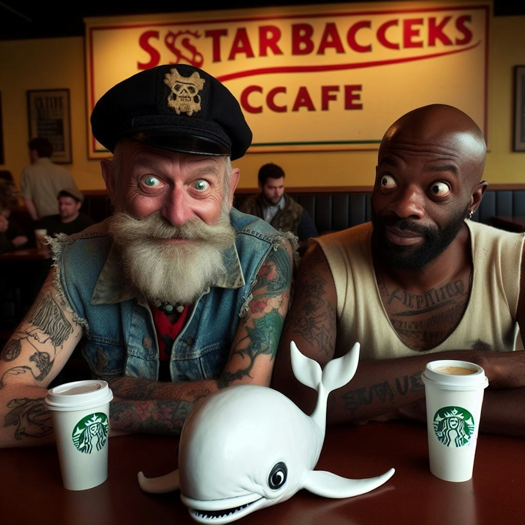 Ahab,Moby Dick, Queequeg and Starbuck are throwing a party at Starbucks ...