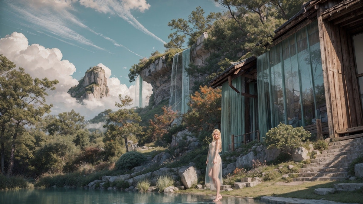 See-through dress under the waterfall 94p | chichi-pui（ちちぷい）AIグラビア・AIフォト専用の投稿＆生成サイト