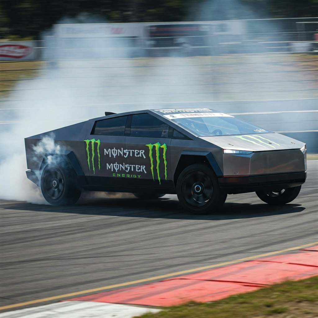 モンスターエナジーテスラサイバートラックのドリ車 Gemini版 | chichi-pui（ちちぷい）AIグラビア・AIフォト専用の投稿＆生成サイト