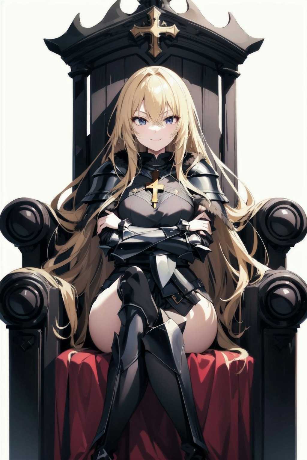 腕を組んで椅子に座るブロンドの女騎士さn・・・様 Chichi Pui(ちちぷい)aiイラスト専用の投稿&生成サイト