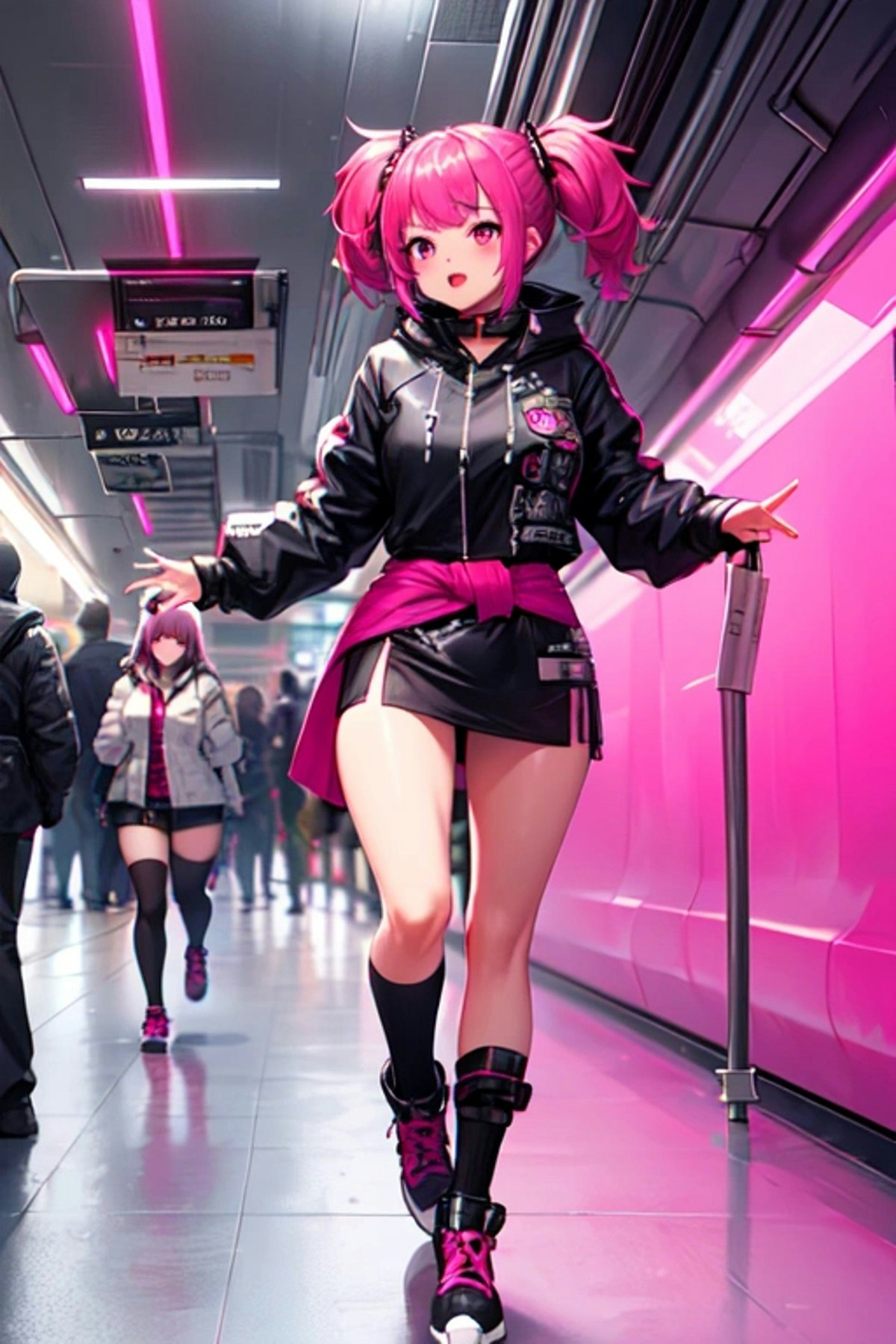 地下鉄とサイバーパンクなツインテール少女★その5 6枚 Chichi Pui(ちちぷい)aiイラスト専用の投稿&生成サイト